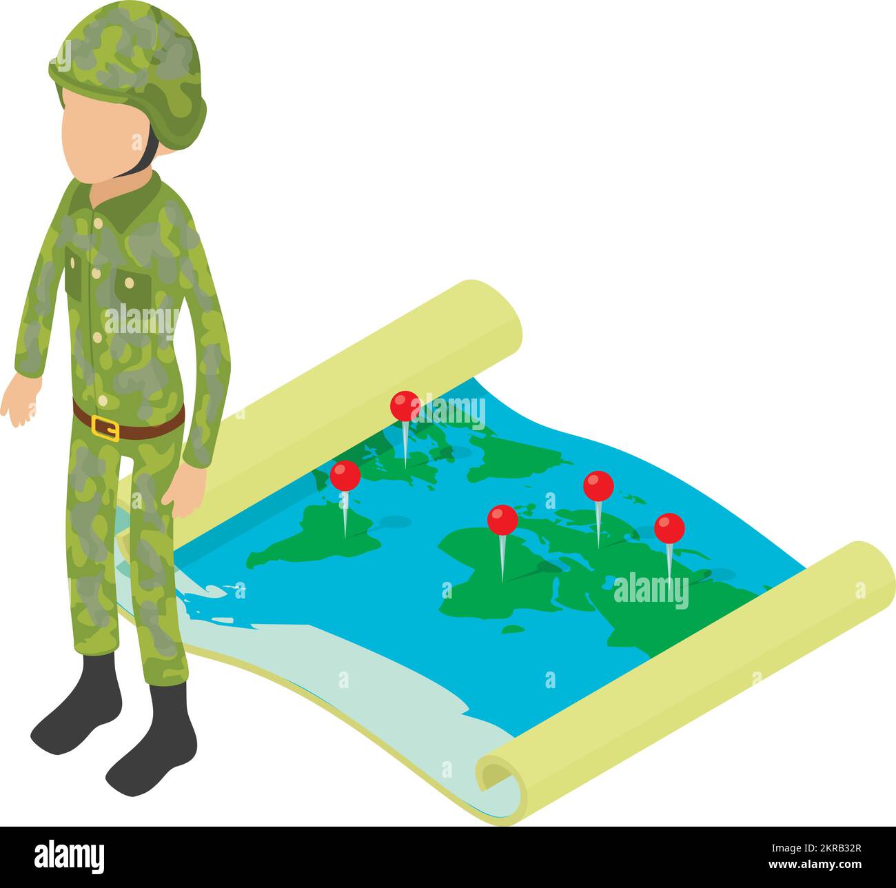 Soldier icon isometric vector. Man soldier on background of world map ...