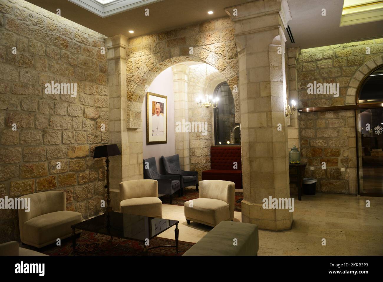 Lobby area of the Notre Dame of Jerusalem hotel in Jerusalem, Israel ...