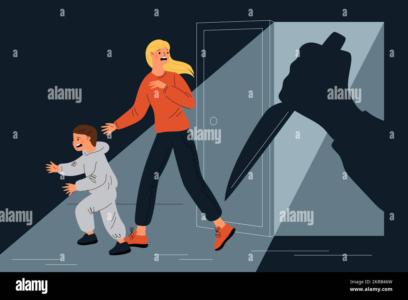 Afraid people running away. Scared mom and kid. Fleeing from threats ...