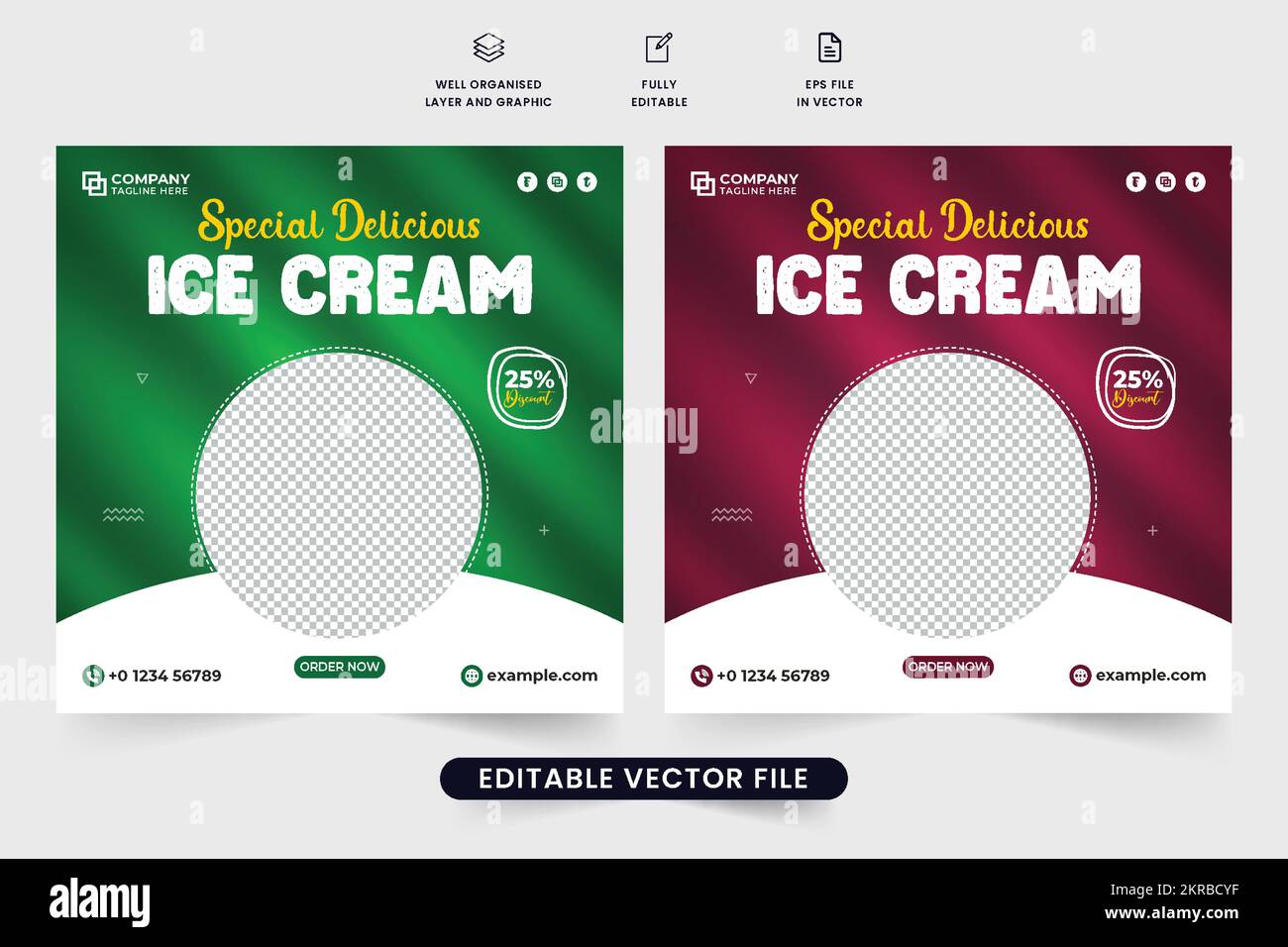 Ice cream sale social media post vector with red and green backgrounds ...
