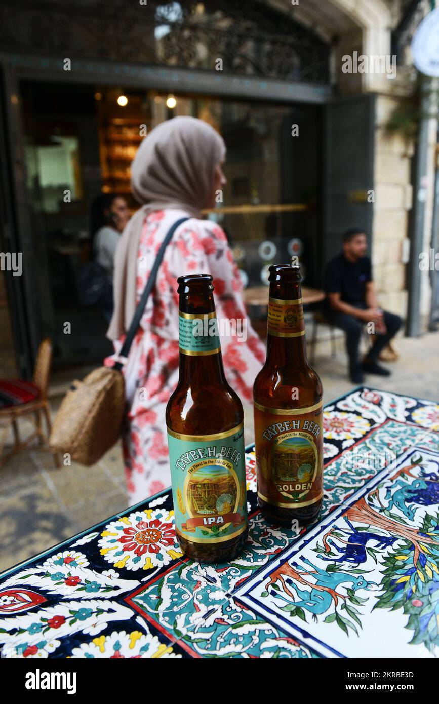 Enjoying a cold Taybeh Palestinian beer at a coffee shop / bar on the ...
