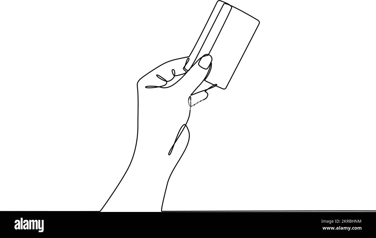 Hand holding credit plastic card continuous line drawing. Paying ...