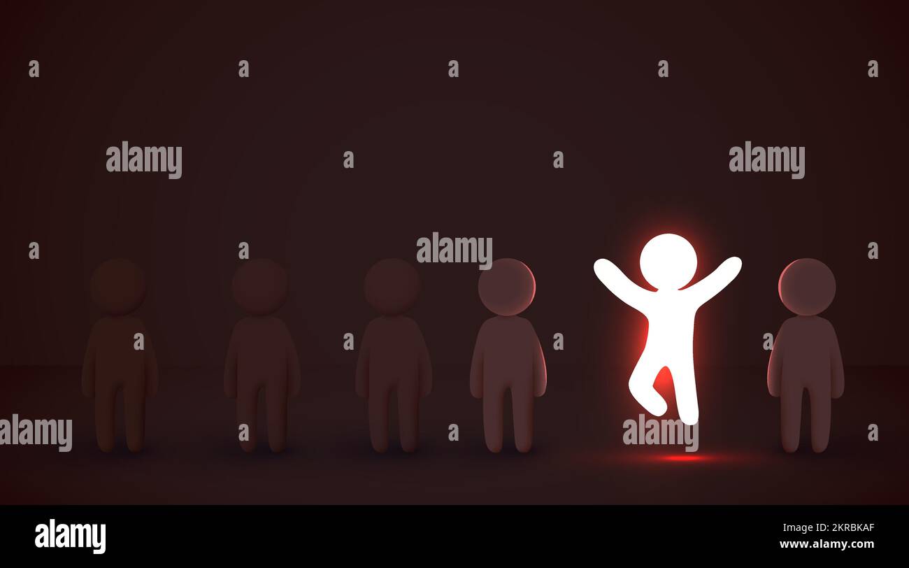 Stand out from the crowd. One glowing light man jumping with arms wide ...