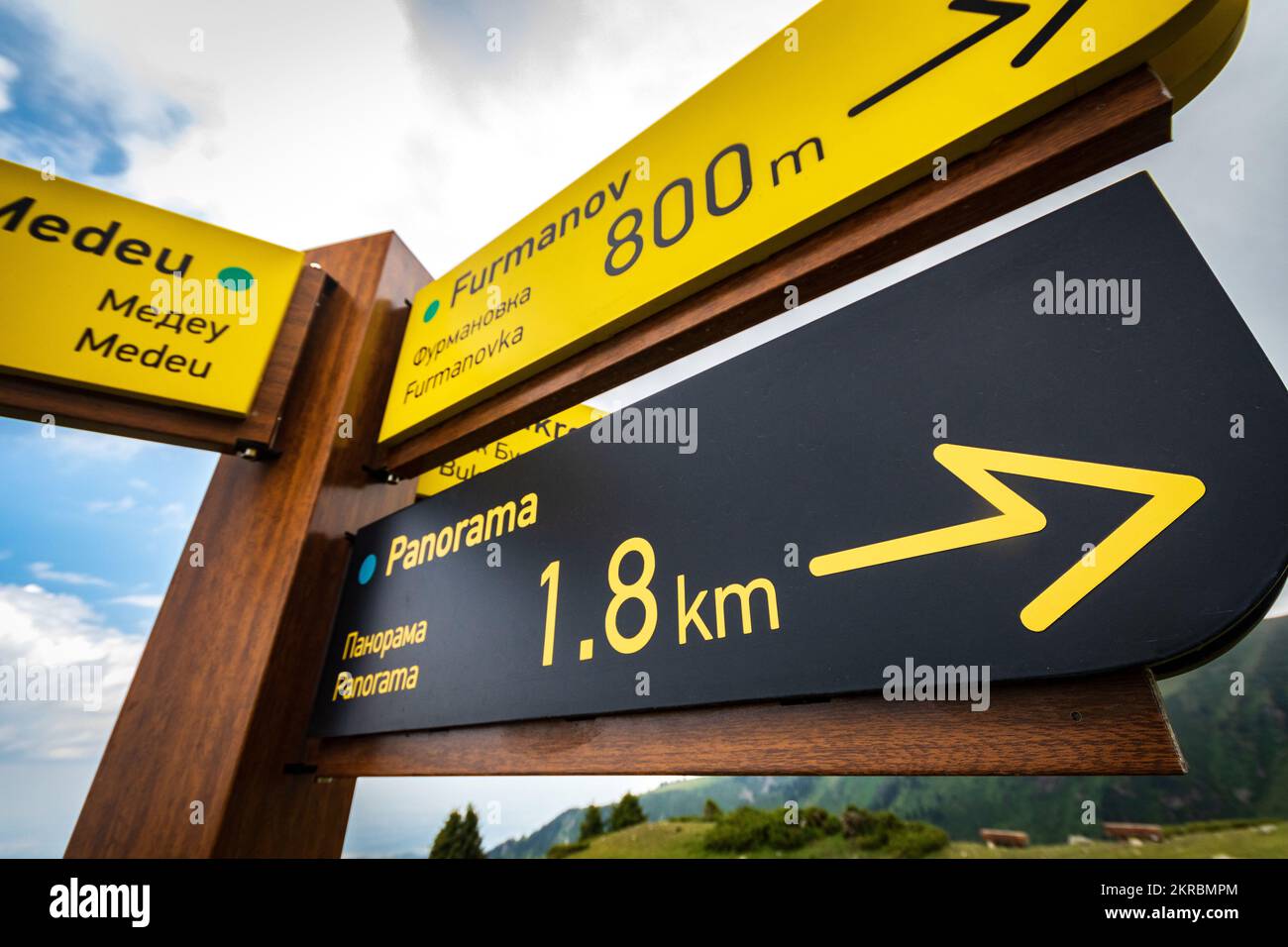 Tourist signpost for tourists indicating directions to Mount Furmanov ...