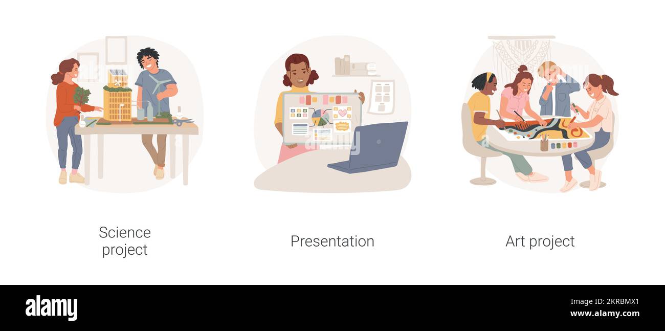 Project homework isolated cartoon vector illustration set. Teenagers ...