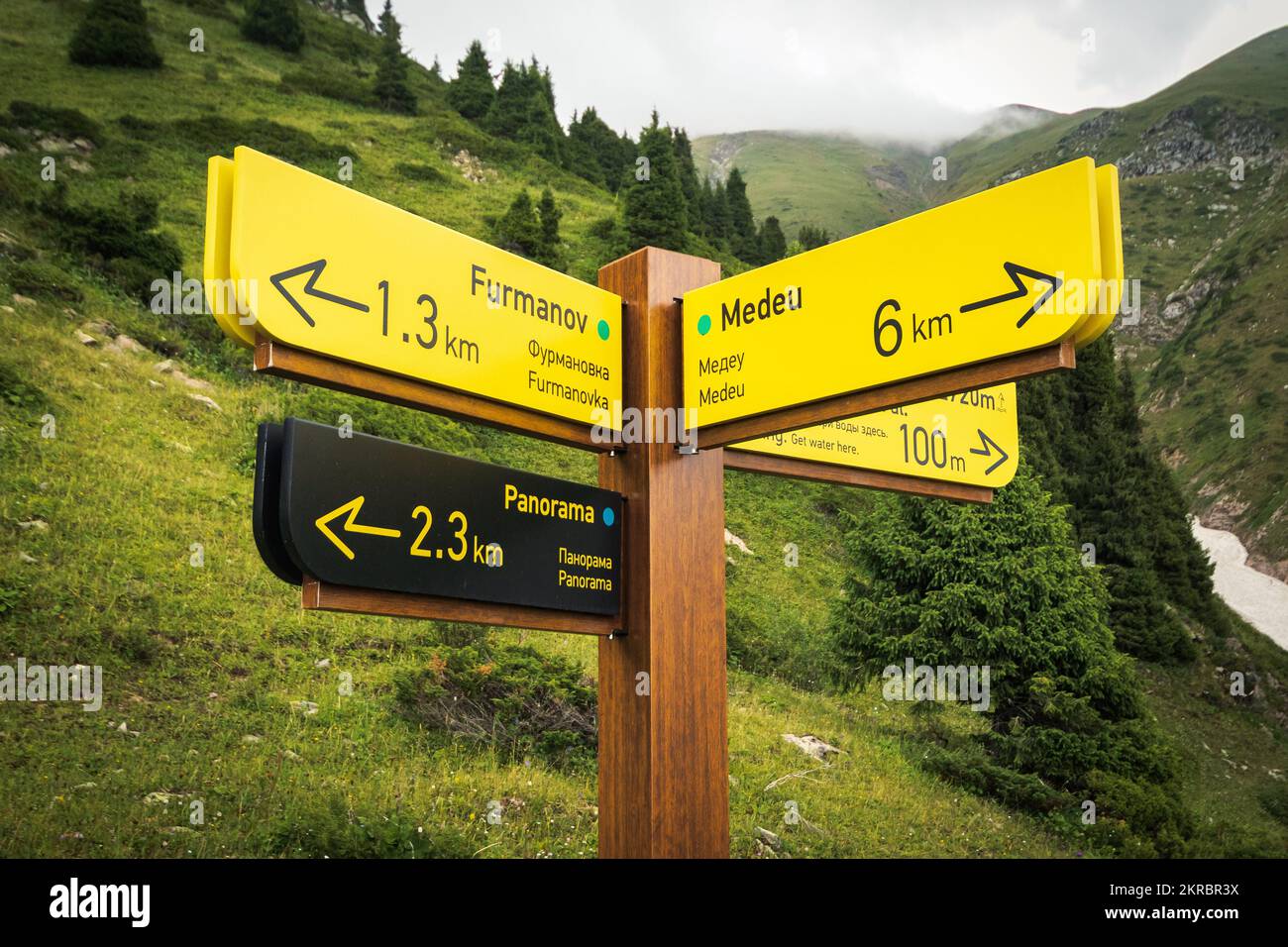 Tourist signpost for tourists with indications of directions and range ...
