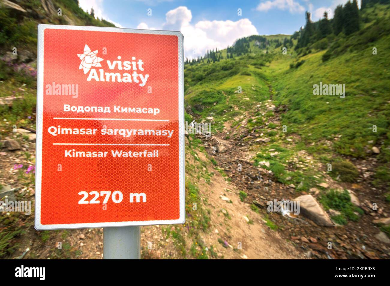 Information plate indicating the tourist hiking route in the mountains of Almaty - Qimasar ...