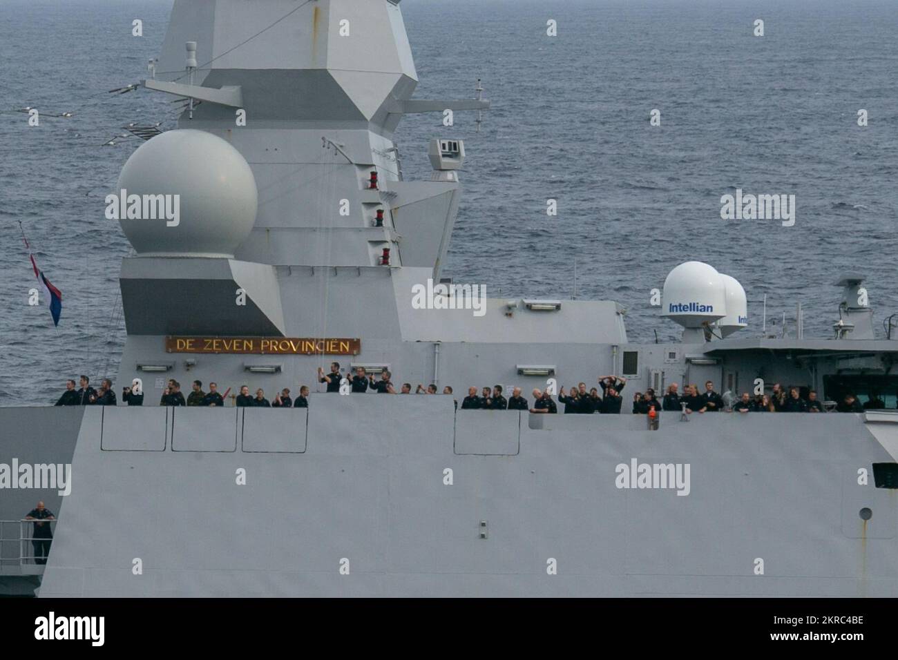 Sailors onboard Dutch frigate HNLMS De Zeven Provincien (F 802) observe first-in-class aircraft ...