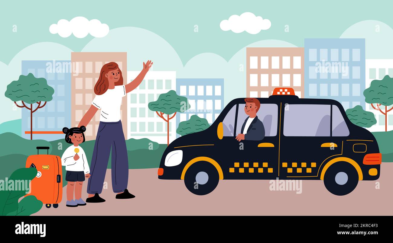 Cartoon people call taxi car. Mom and daughter vote on roadside ...