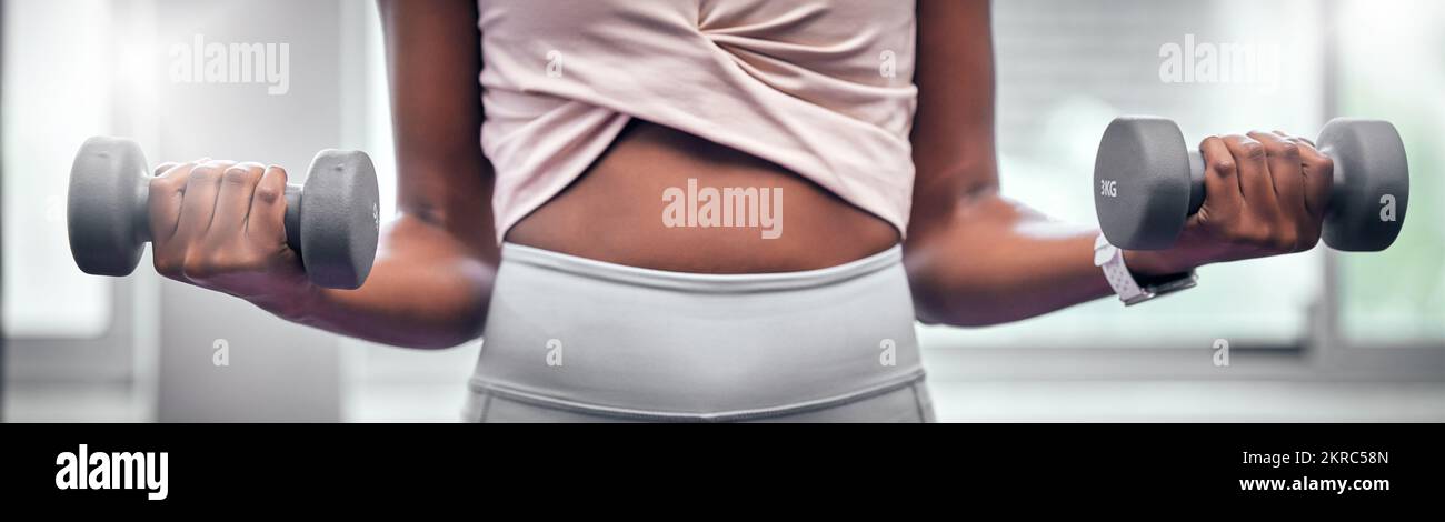 Arm weights, gym and black woman fitness with power and strong arms ...