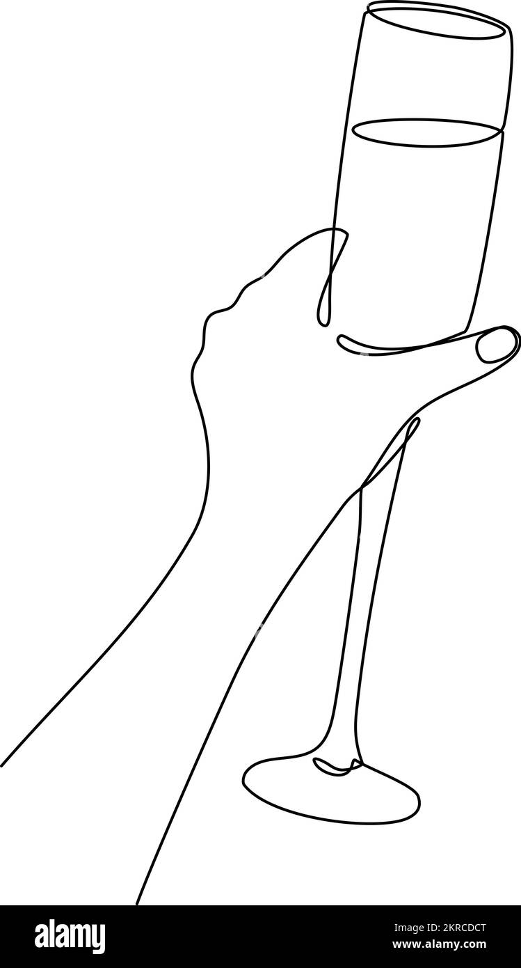 Hand cheering with a glass of champagne continuous line vector ...