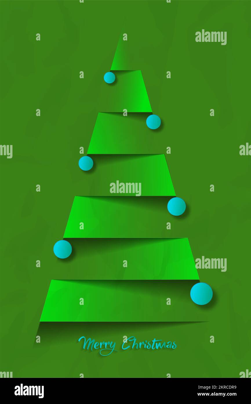 Paper christmas tree and blue christmas balls. Vector new year card in ...