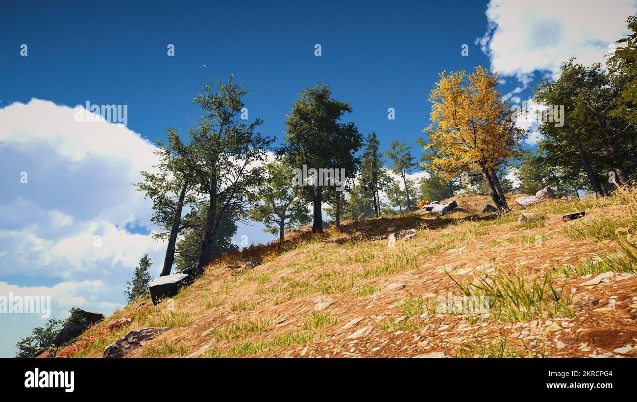 3D rendering. An immersive natural environment. Landscape to illustrate ...