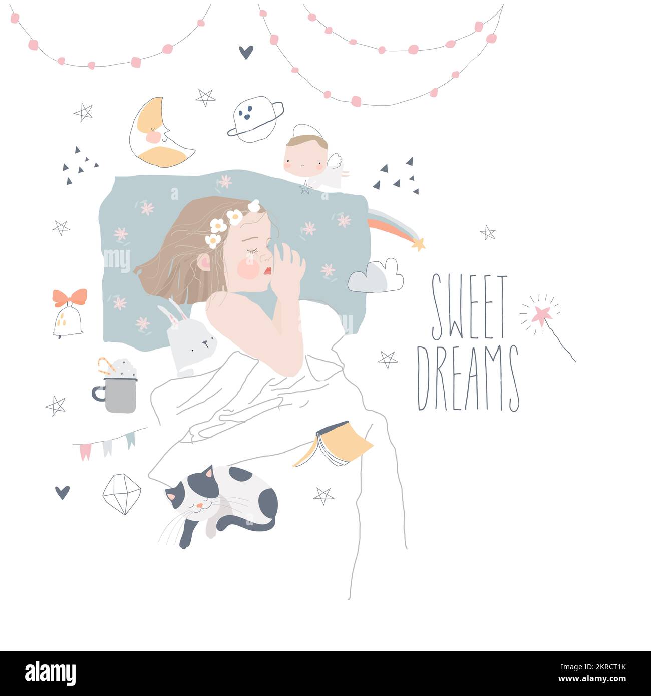 Cute Little Girl sleeping with Cat in Bed Stock Vector Image & Art - Alamy