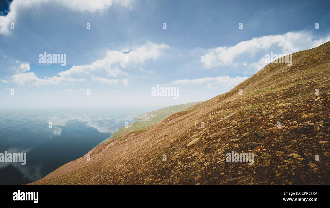 3D rendering. Natural environment of a green island with no trees ...
