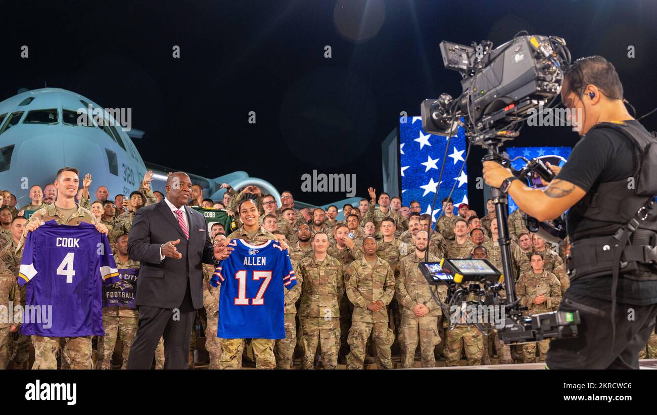 Service members participate in a live broadcast with the hosts of Fox NFL Sunday during their ...