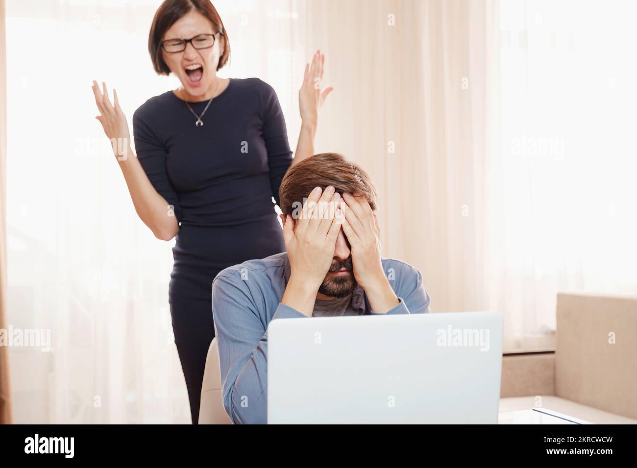 Portrait of attractive mad furious coworkers having fight crisis ...
