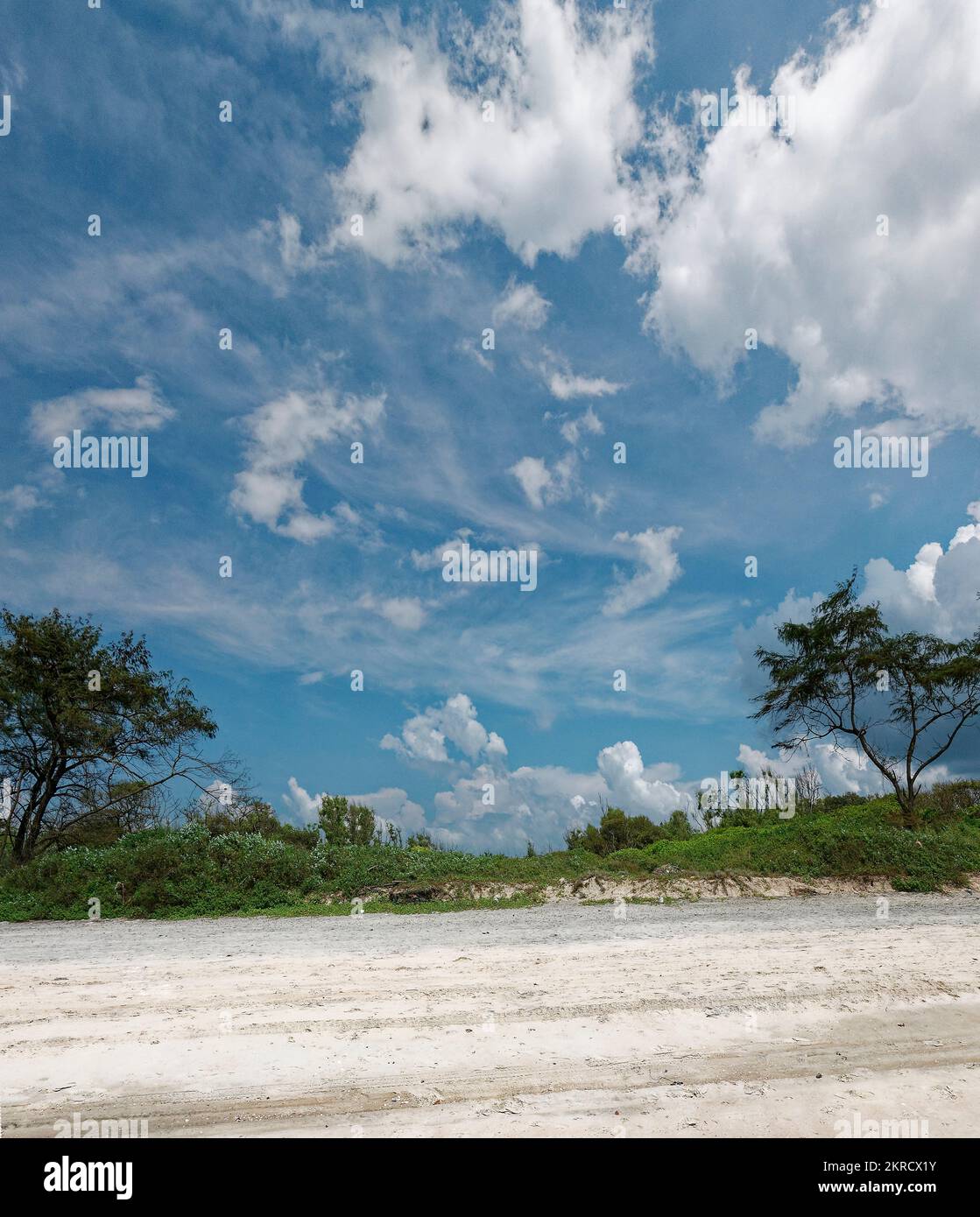 A sandy beach stretching out under a cloudy sky at Mobor state Goa ...