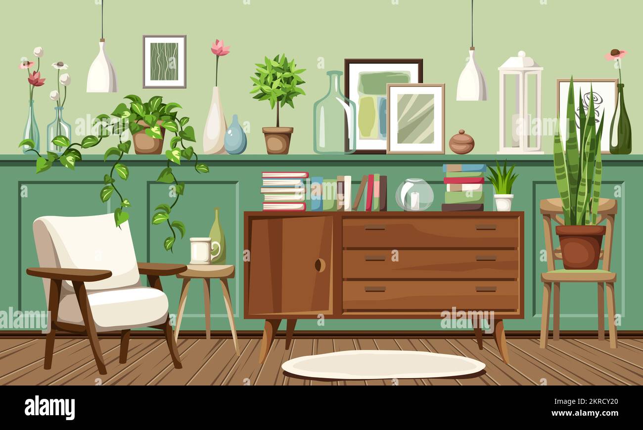 Room interior with green wall panels, an armchair, a dresser, and ...