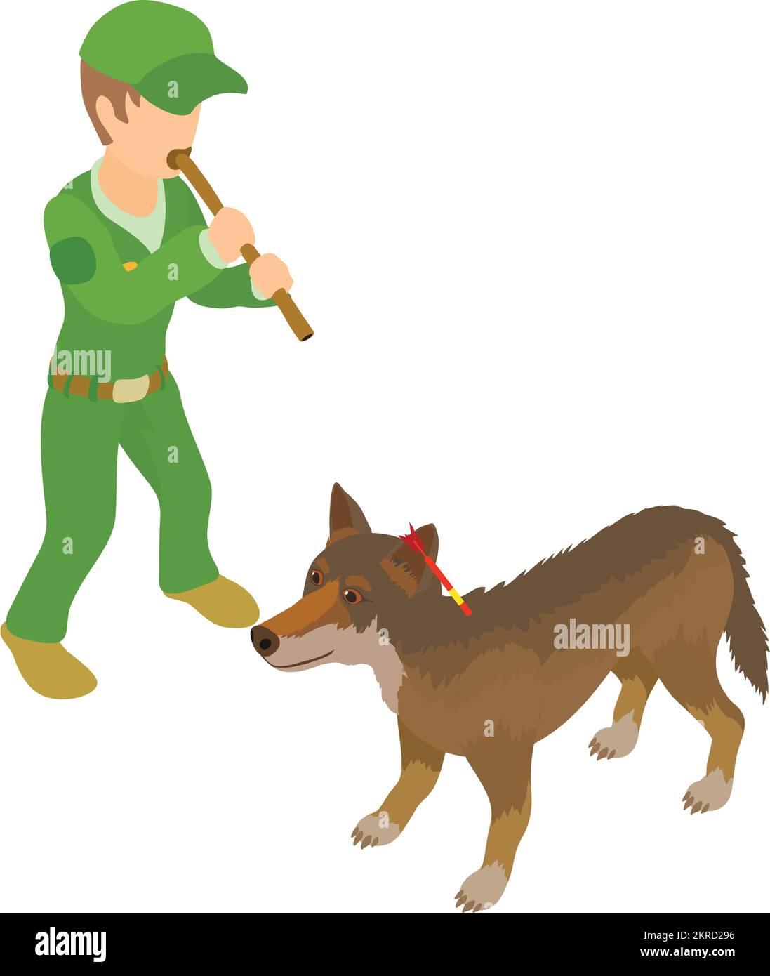 Wolf capturing icon isometric vector. Man with blowpipe with dart near ...
