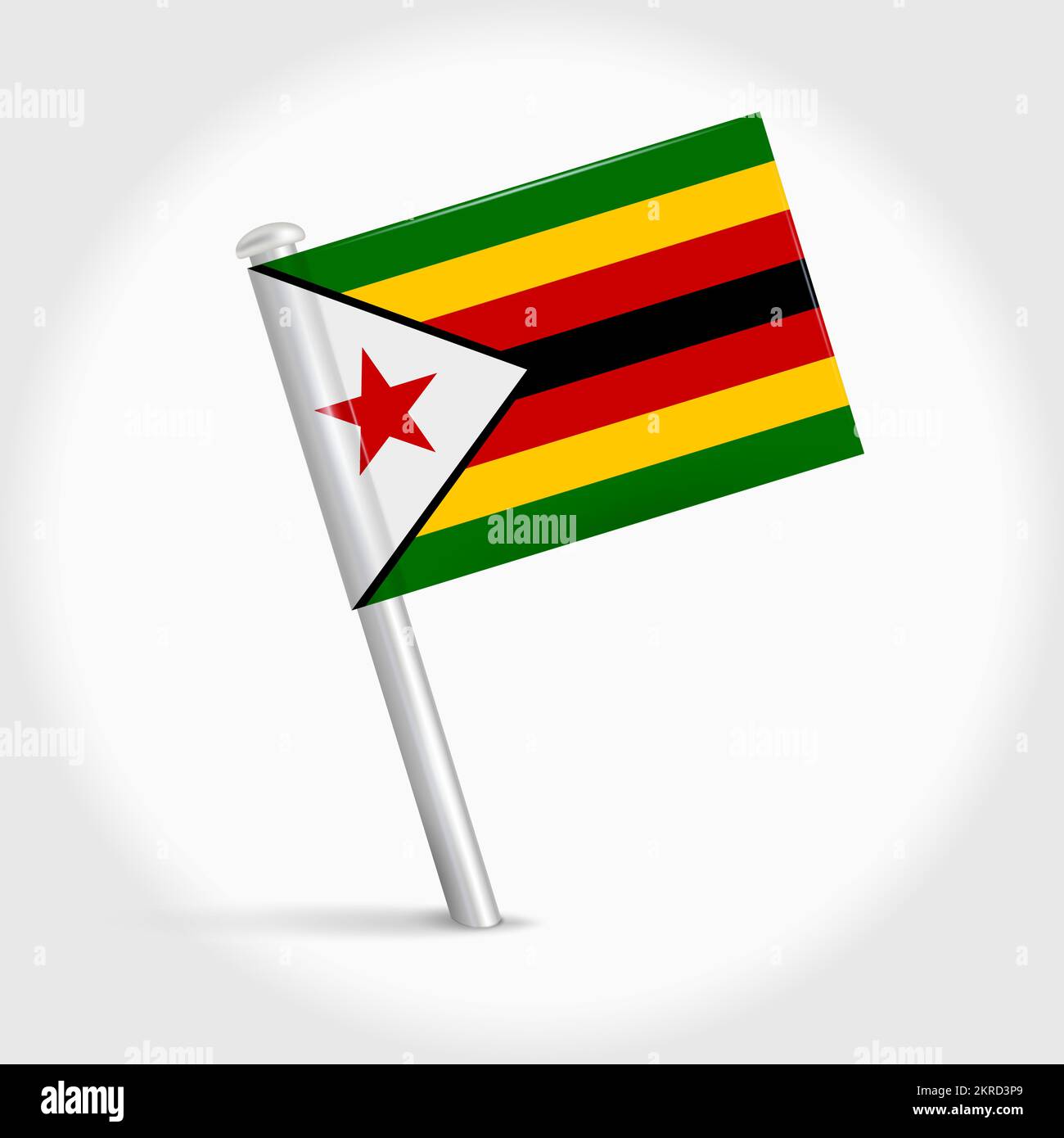 Zimbabwe map pin flag icon. Zimbabwean pennant map marker on a metal needle. 3D realistic vector ...