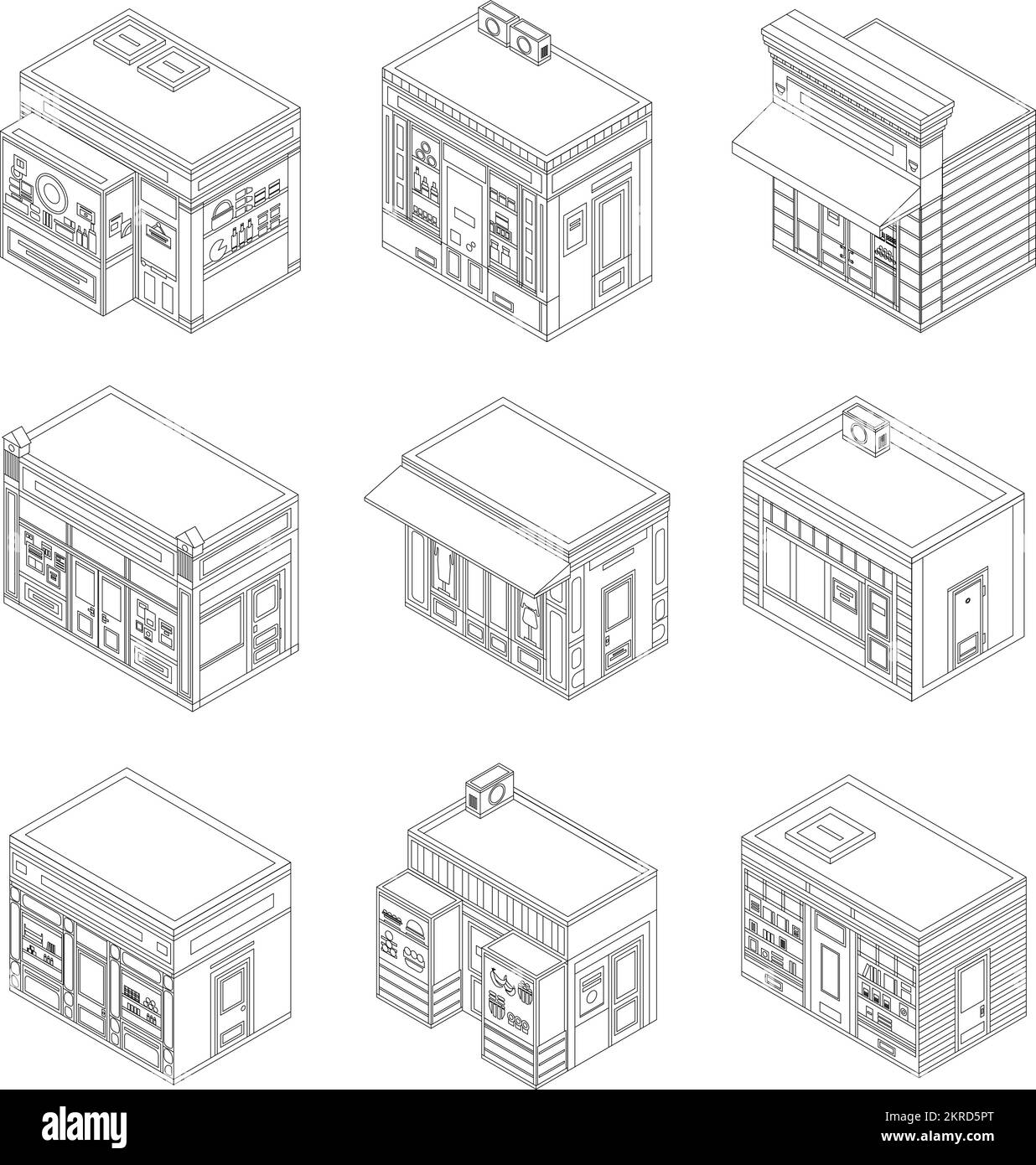 Store facade icon set. Isometric set of store facade vector icons ...