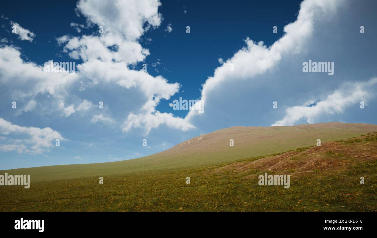 3D rendering. Natural environment of a green island with no trees ...