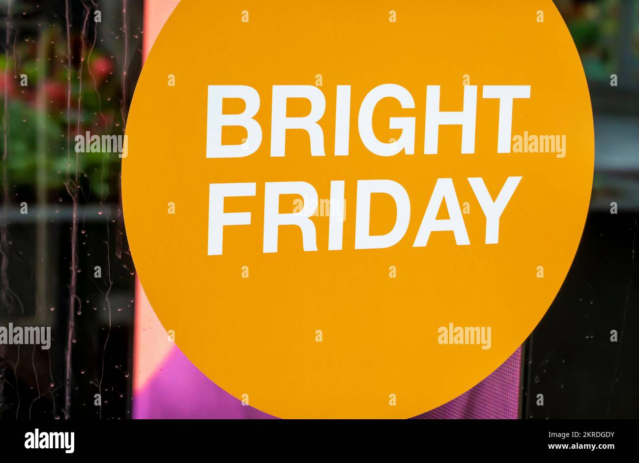 A Bright Friday sign in a shop window in a city street in Australia ...