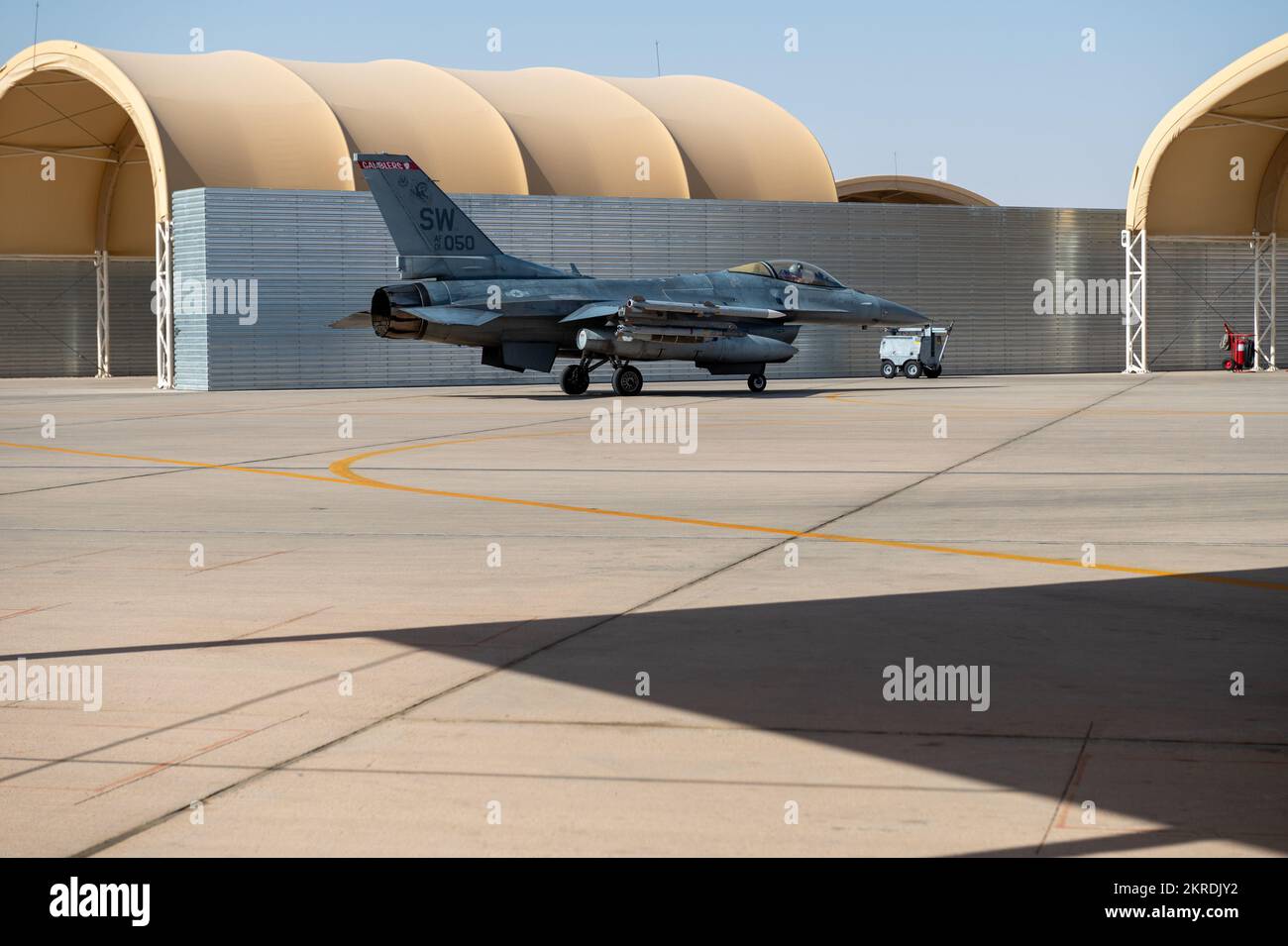 An F-16 Fighting Falcon aircraft assigned to the 77th Expeditionary ...