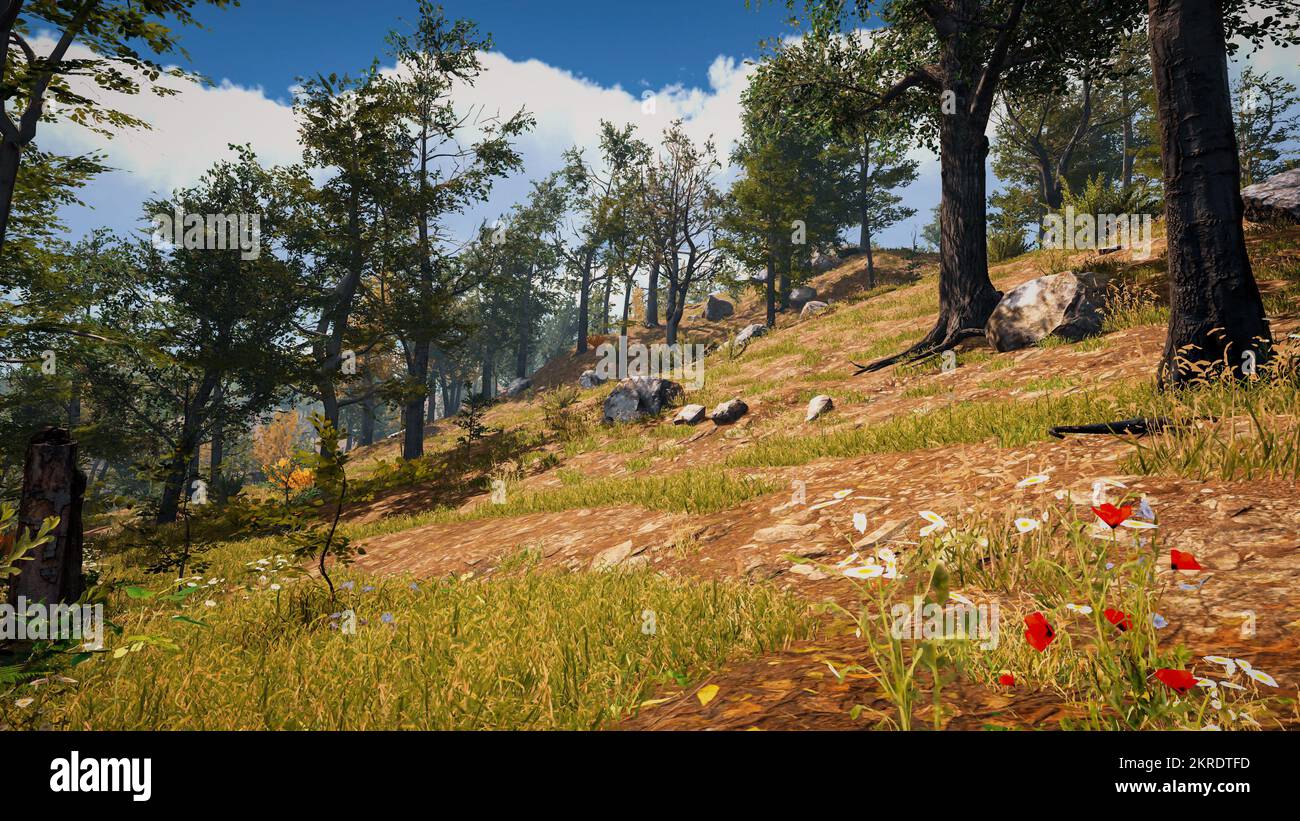 3D rendering. An immersive natural environment. Landscape to illustrate ...