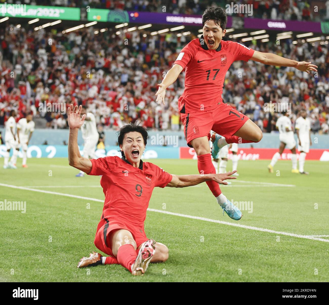 South Korea's Cho Gue Sung (9) and Na Sang Ho celebrate after Cho ...