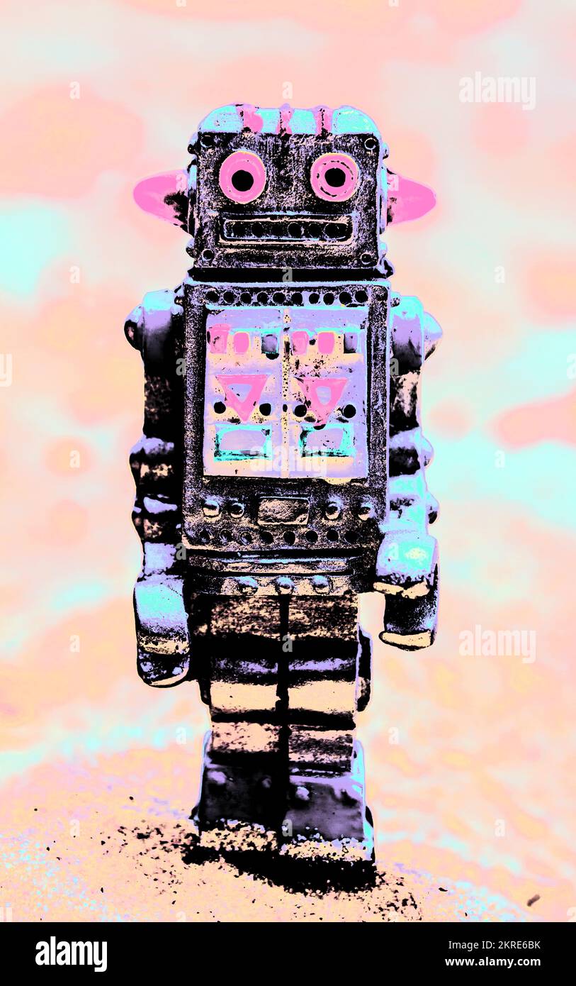 Posterized robotics in a scene of toy tin robots in retro colors. Pop ...