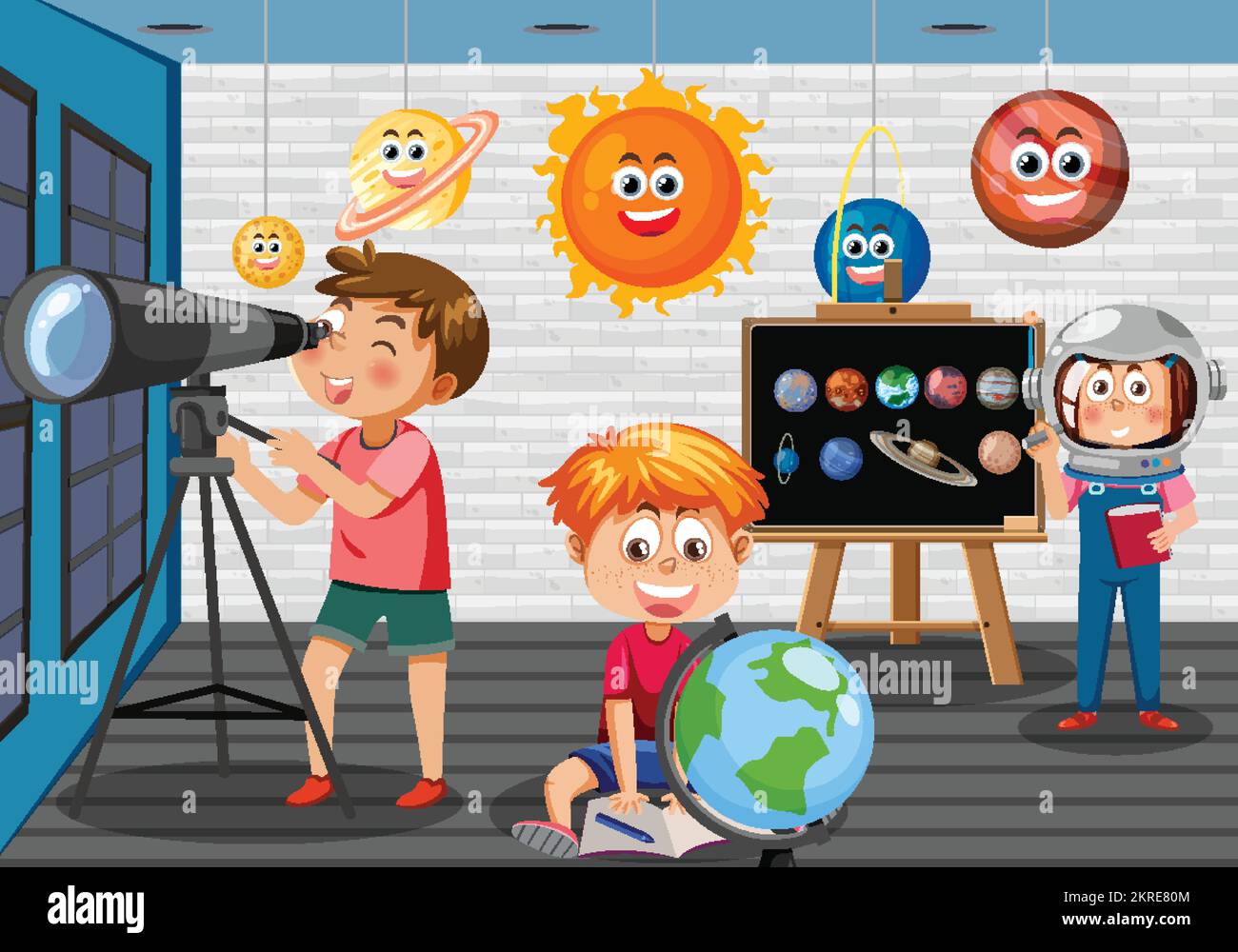 Room scene with kids observing night sky illustration Stock Vector ...