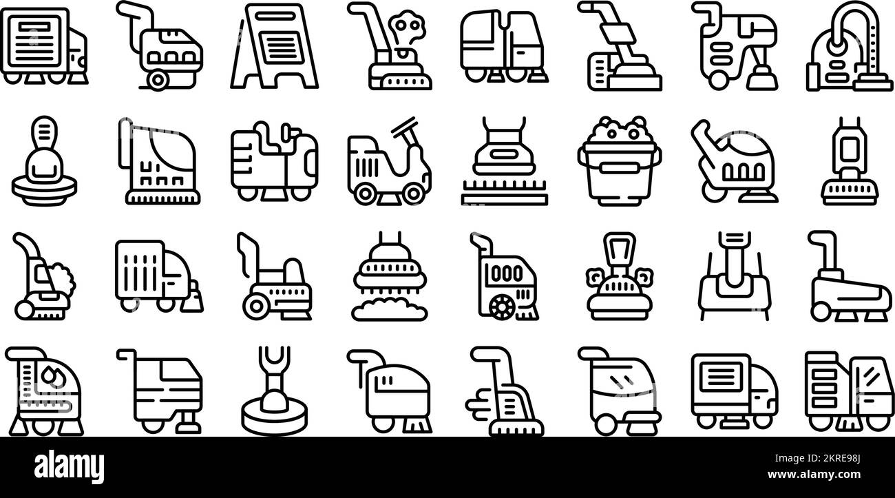 Floor washing machine icons set outline vector. Cleaning staff. Job ...