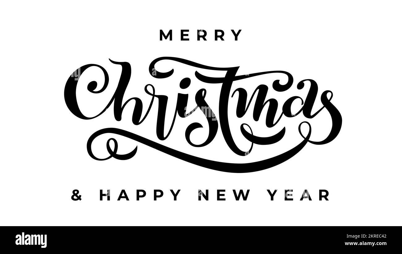 Merry Christmas Happy New Year lettering. Hand drawn ink brush pen ...