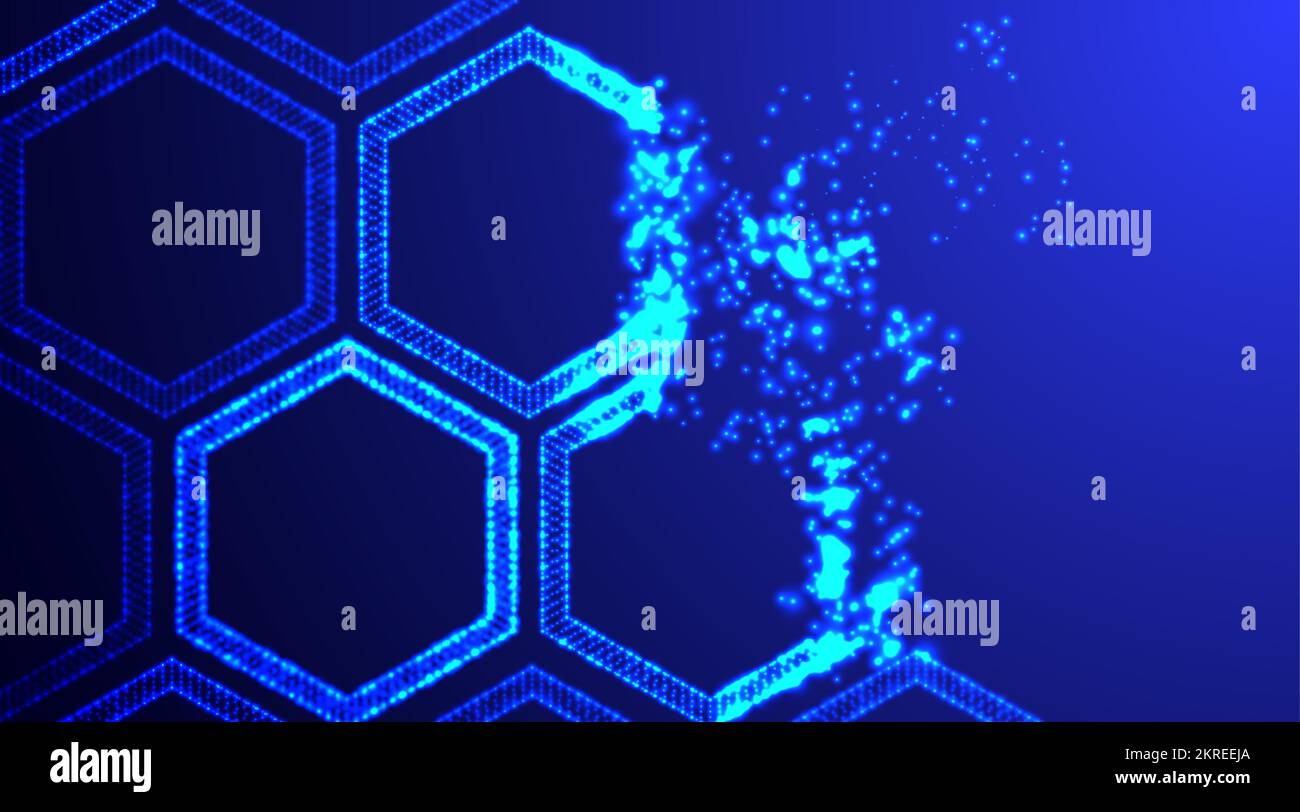 Glowing neon particles honeycomb shapes. Hexagonal nanotechnology ...