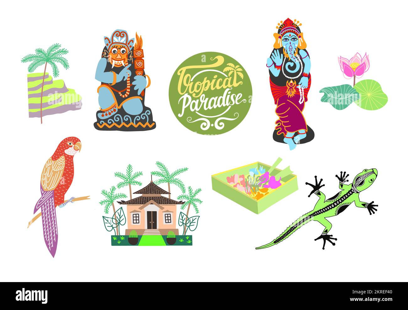 set of Bali Indonesia traditional symbols element, balinese flat design ...