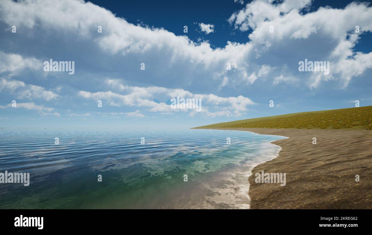 3D rendering. Natural environment of a green island with no trees ...