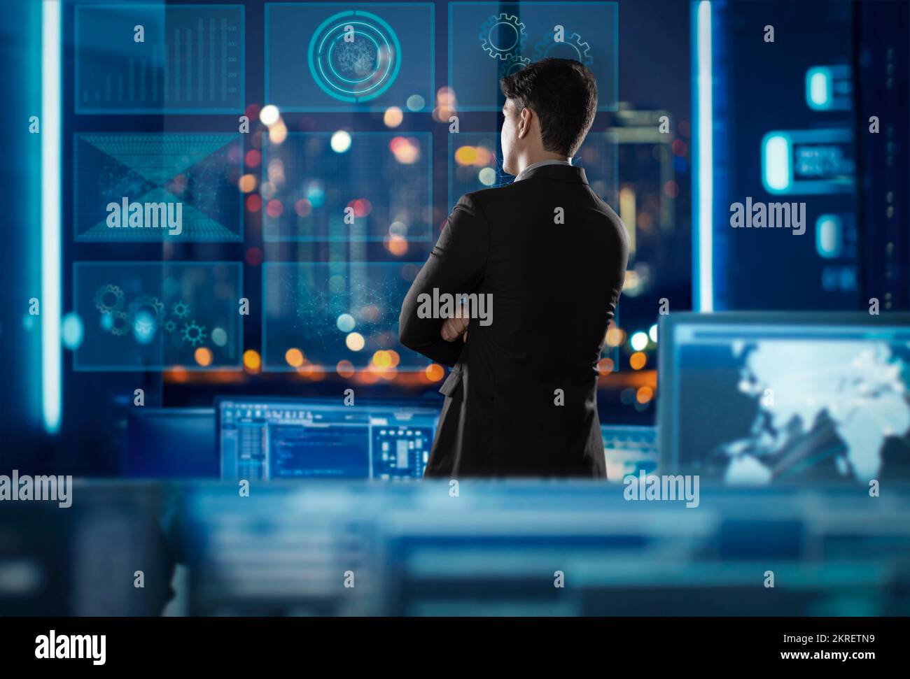 Digitally enhanced shot of a businessman superimposed over multiple ...