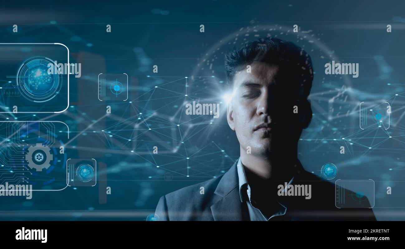 portrait of a man with virtual reality projections around hm Stock Photo - Alamy