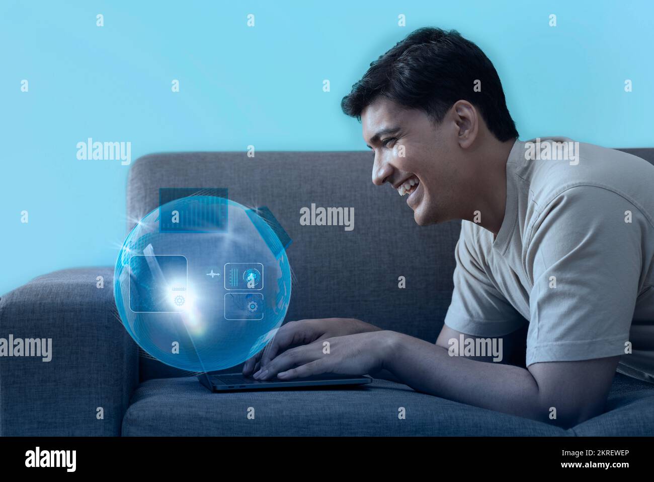 Man uses laptop on virtual visual screen Stock Photo - Alamy