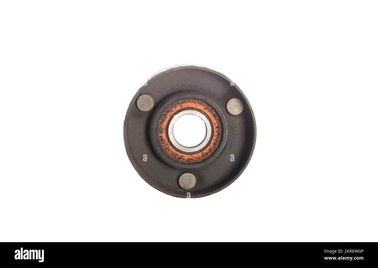 Old bypass car roller. Roller jamming, close-up. White background ...