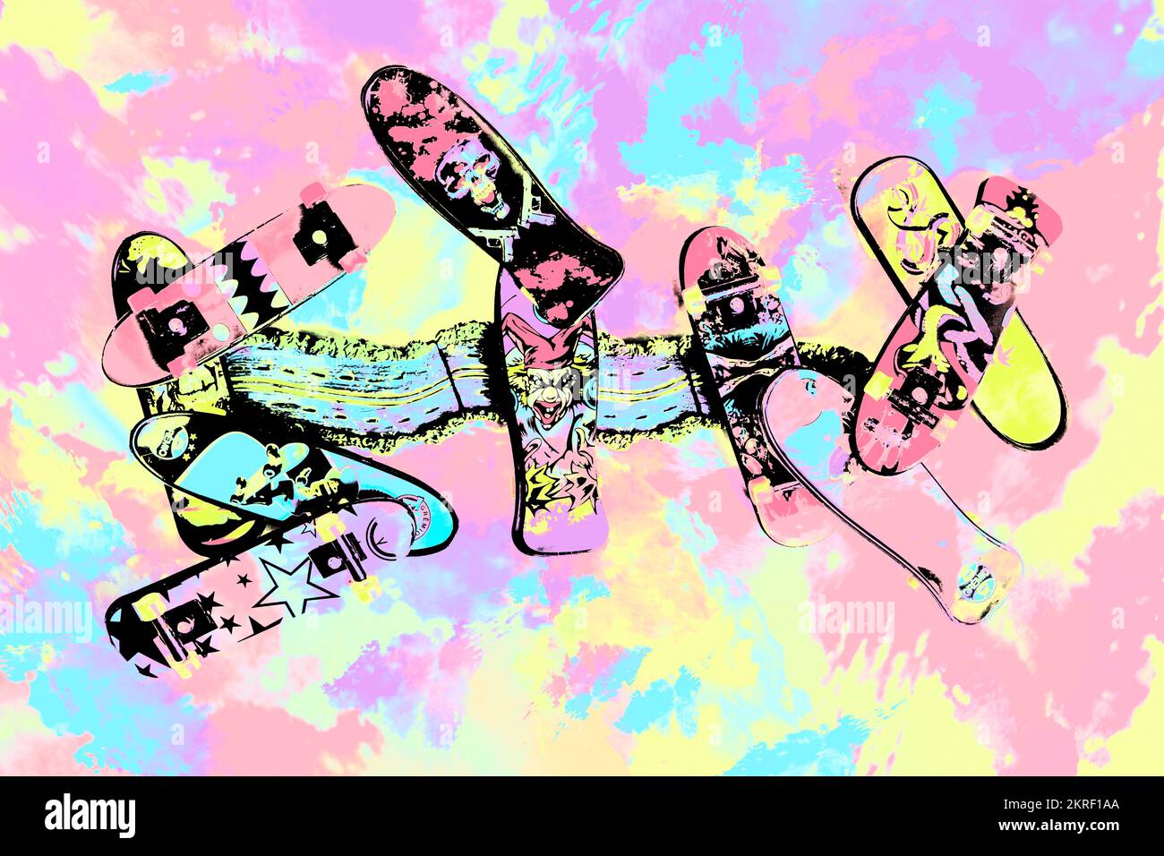 Creative retro artwork on a mix of toy skateboards covering urban road ...