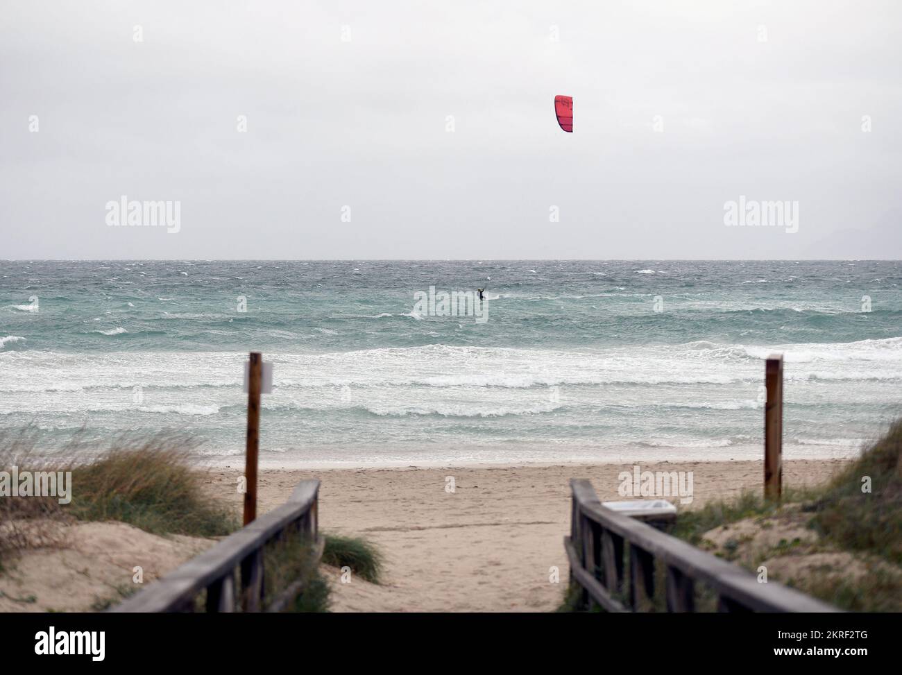 People practising kitesurfing in Playa de Muro, Mallorca, Spain, during ...