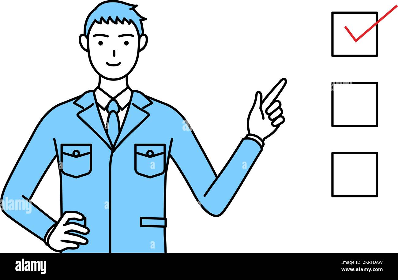 Simple line drawing of a Man in work clothes pointing to a checklist ...