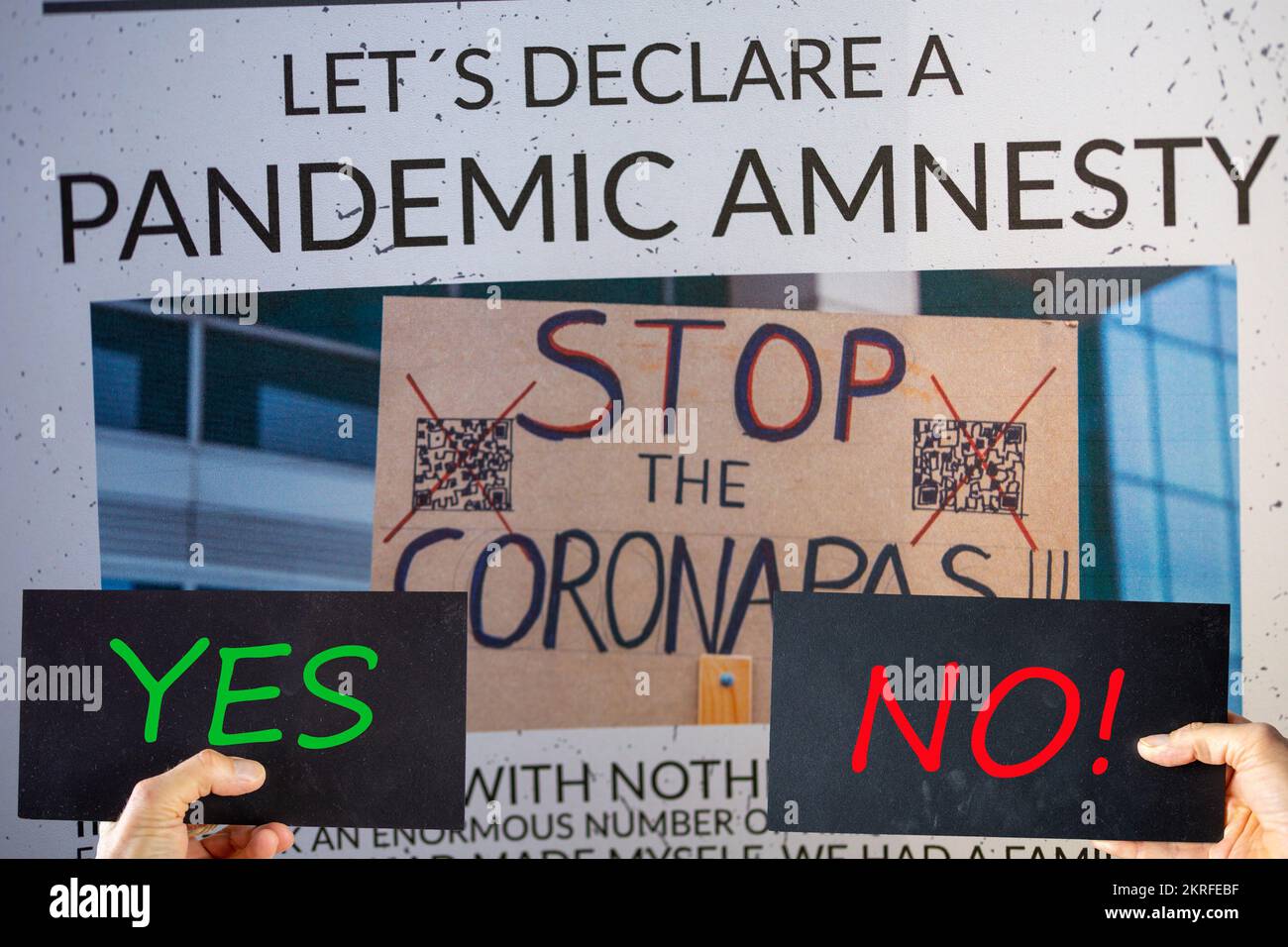 Symbolic image Pandemic Amnesty: Cut-out of a symbolic newspaper, signs ...
