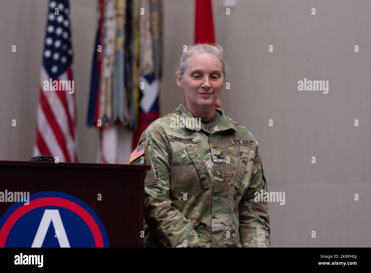 U.S. Army Central, Engineer Director, Col. Christina Burton, delivers ...
