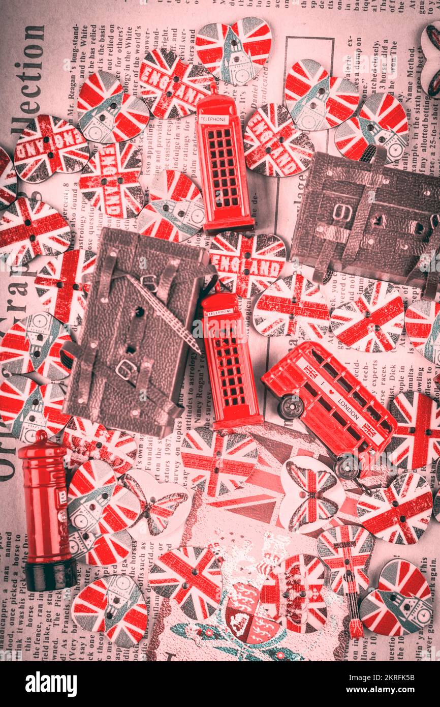 Historic scene of travelling old England with souvenirs and mementos ...