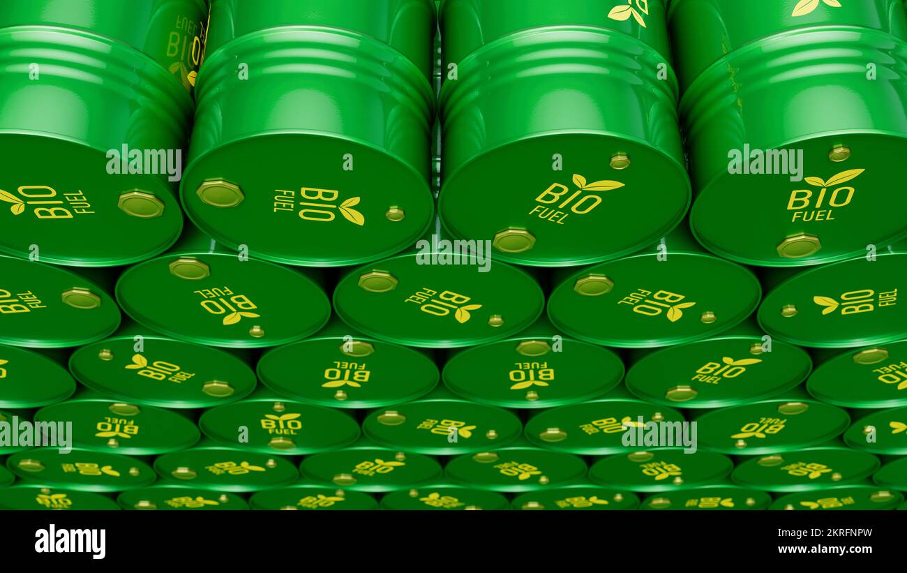 Wall of biofuel barrels or biodiesel drums. Sustainable energy concept ...