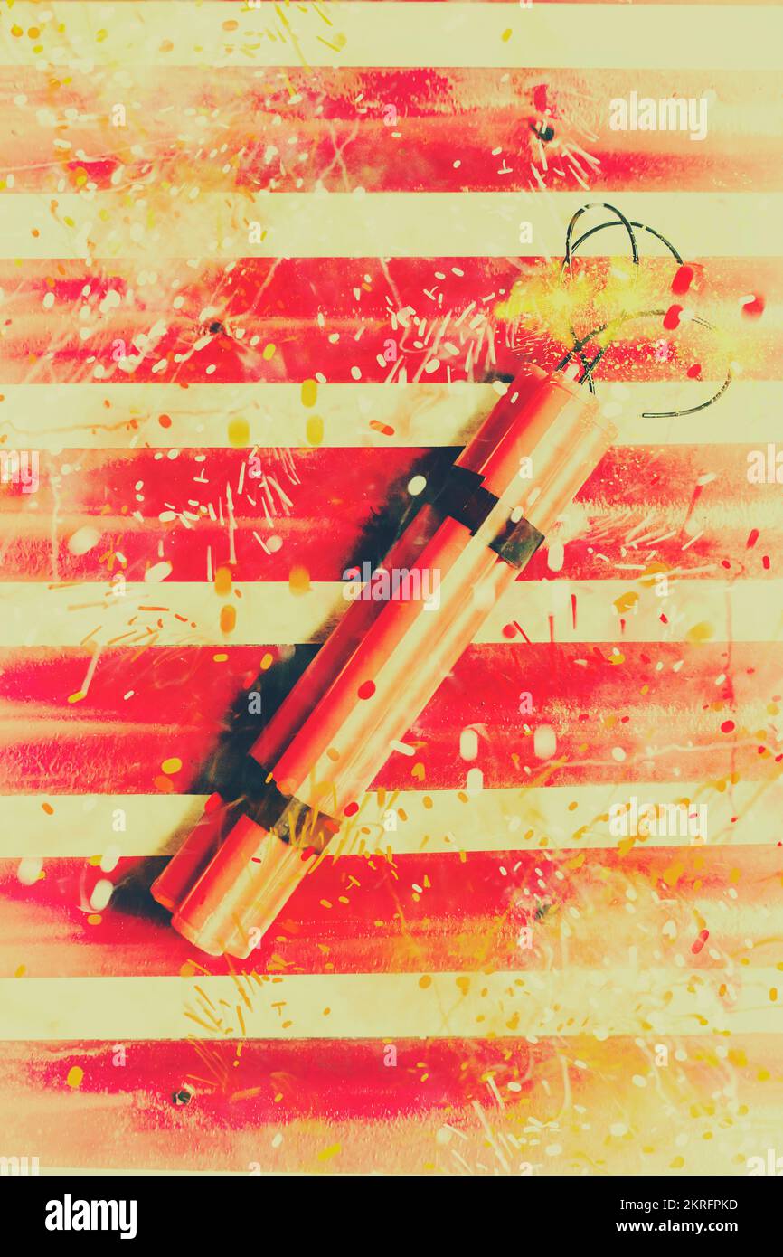 Comic stylised photo on a fiery bomb explosion with sparks spraying ...